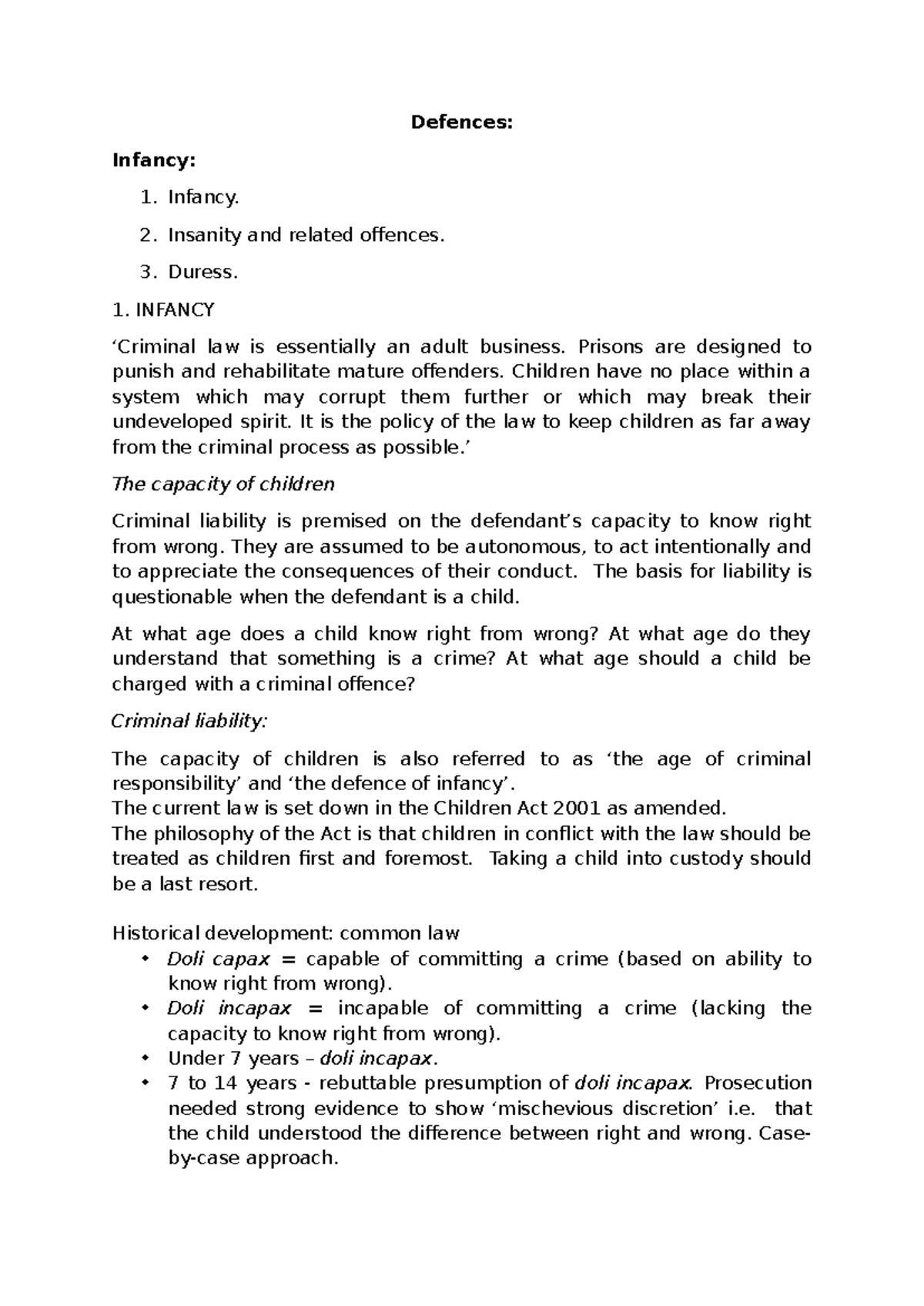 Defences in Criminal Law: Infancy, Insanity, and Duress Analysis - Studocu