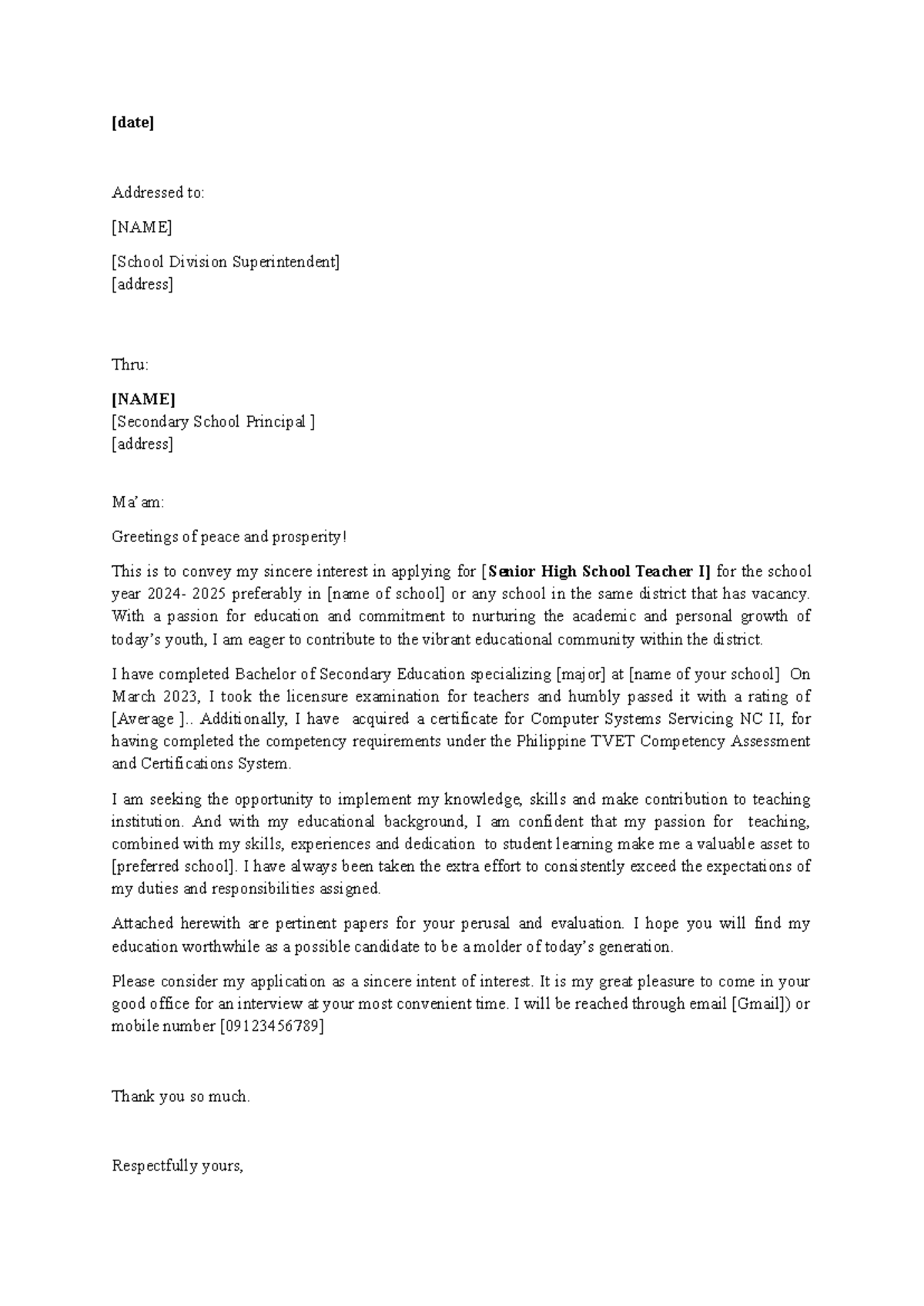 SHS Teacher I Letter of Intent Sample for 2024-2025 Application - Studocu