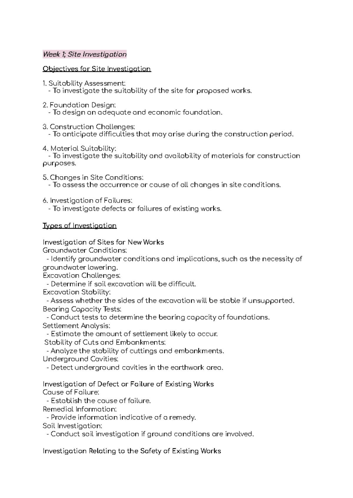 Engineering notes - Week 1; Site Investigation Objectives for Site ...