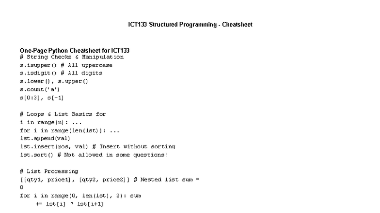 ICT133 Structured Programming Cheatsheet with Examples - Studocu