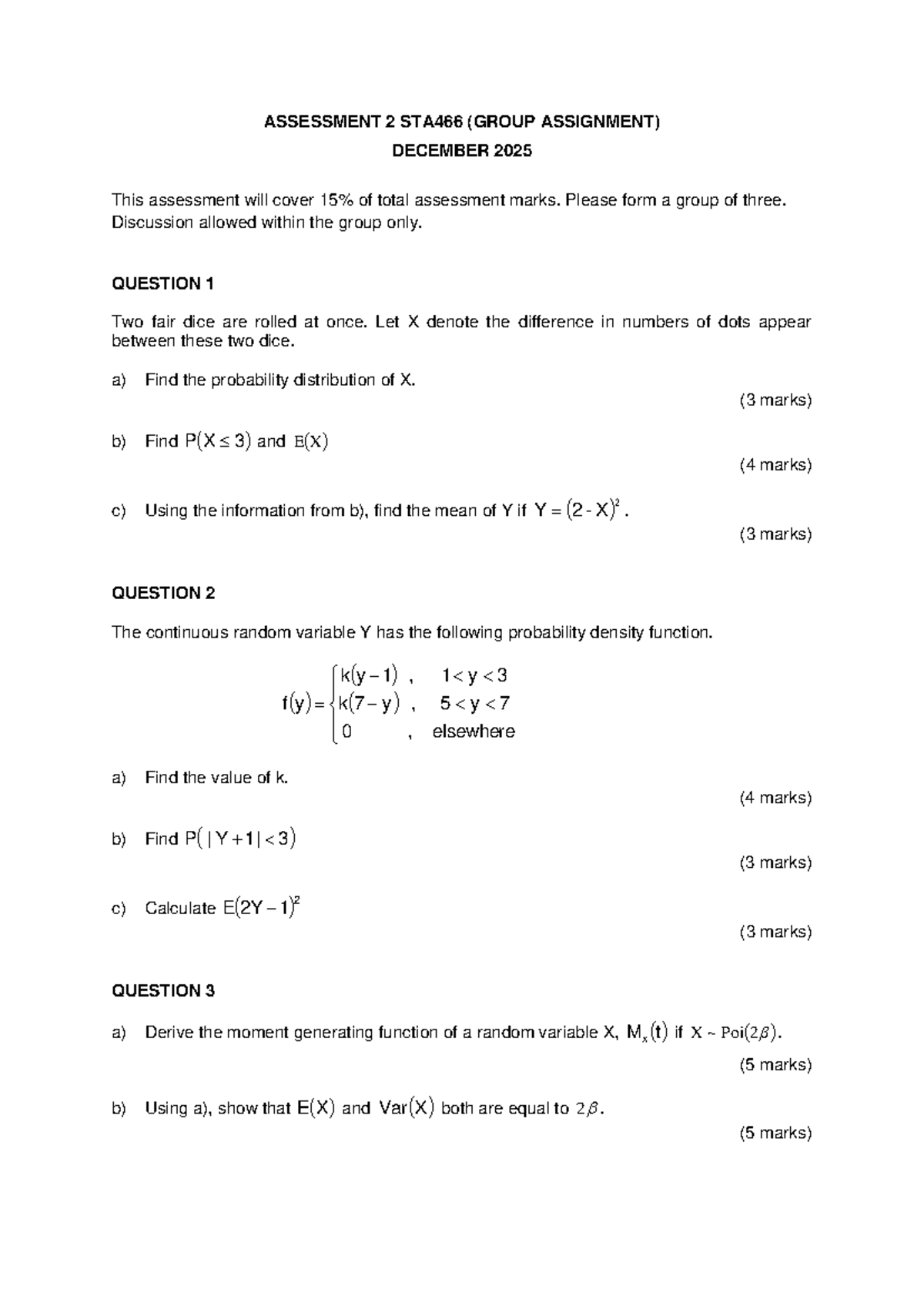 Assessment 2 - STA466 Group Assignment Overview (Dec 2025) - Studocu