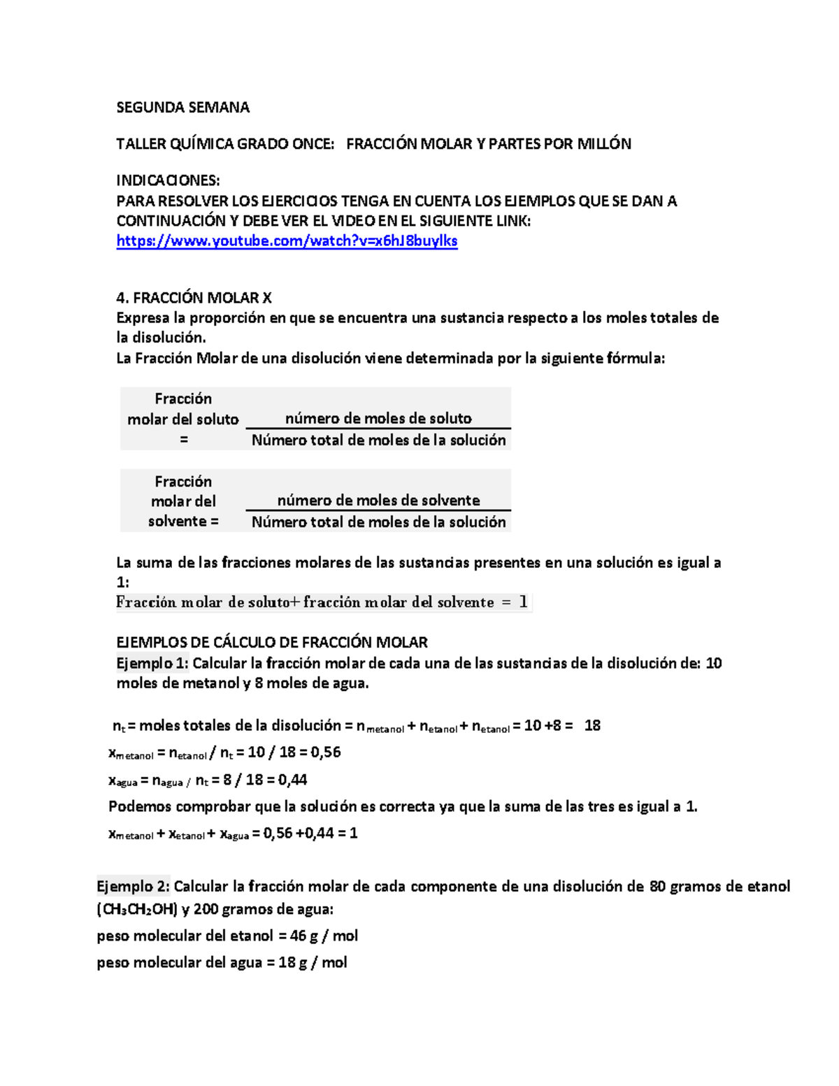 Taller de Química Grado 11: Fracción Molar y Partes por Millón - Studocu
