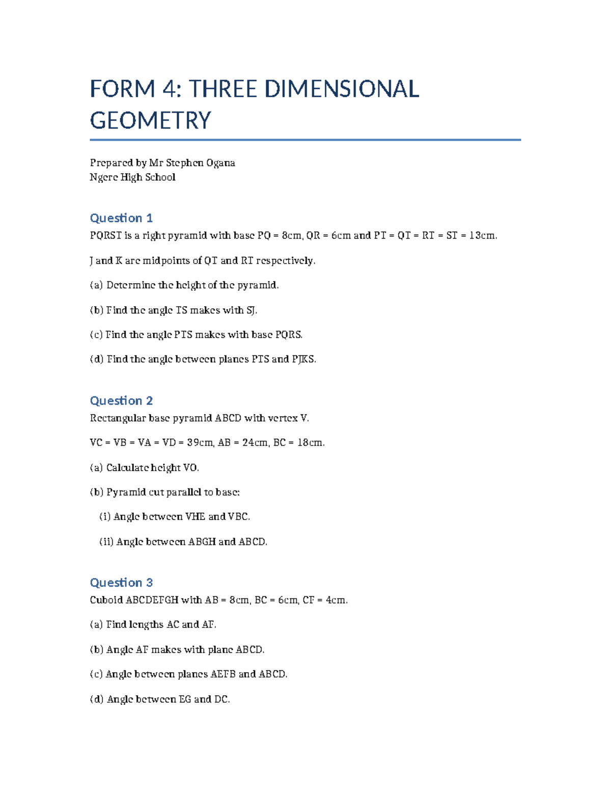 3D Geometry Questions - FORM 4 Geometry Exam Prep - Studocu