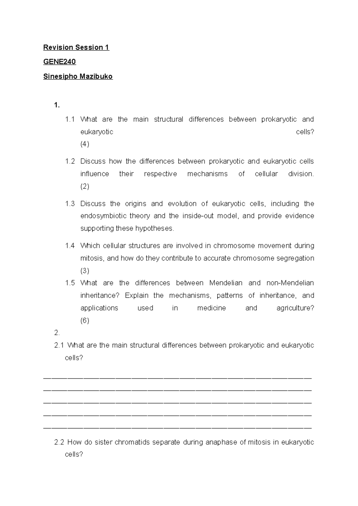 GENE240 Final Exam Revision: Prokaryotic vs Eukaryotic Cells - Studocu
