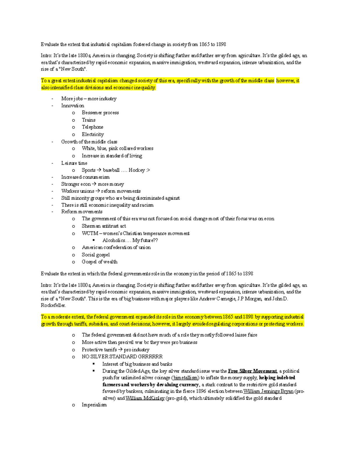 APUSH LEQ Prep: Industrial Capitalism & Government Role (1865-1898 ...