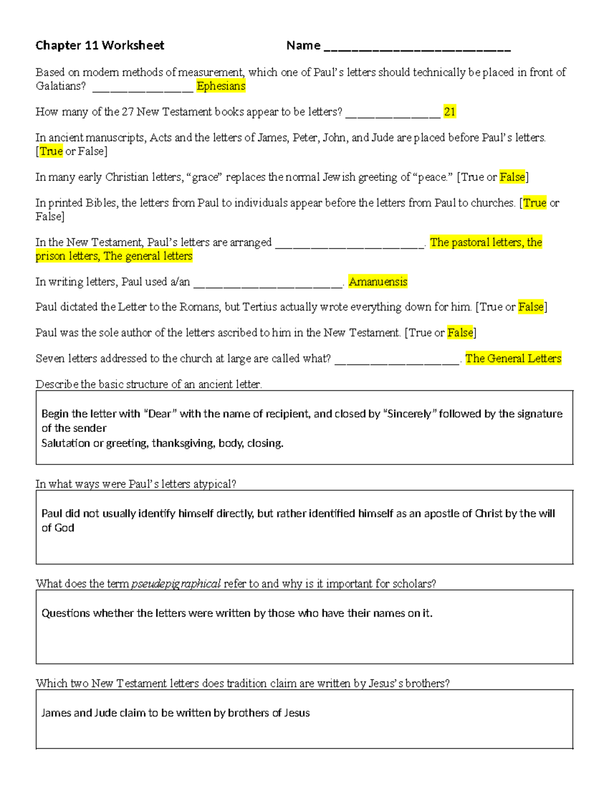 New Testament Letters Structure: Chapter 11 Worksheet - Studocu