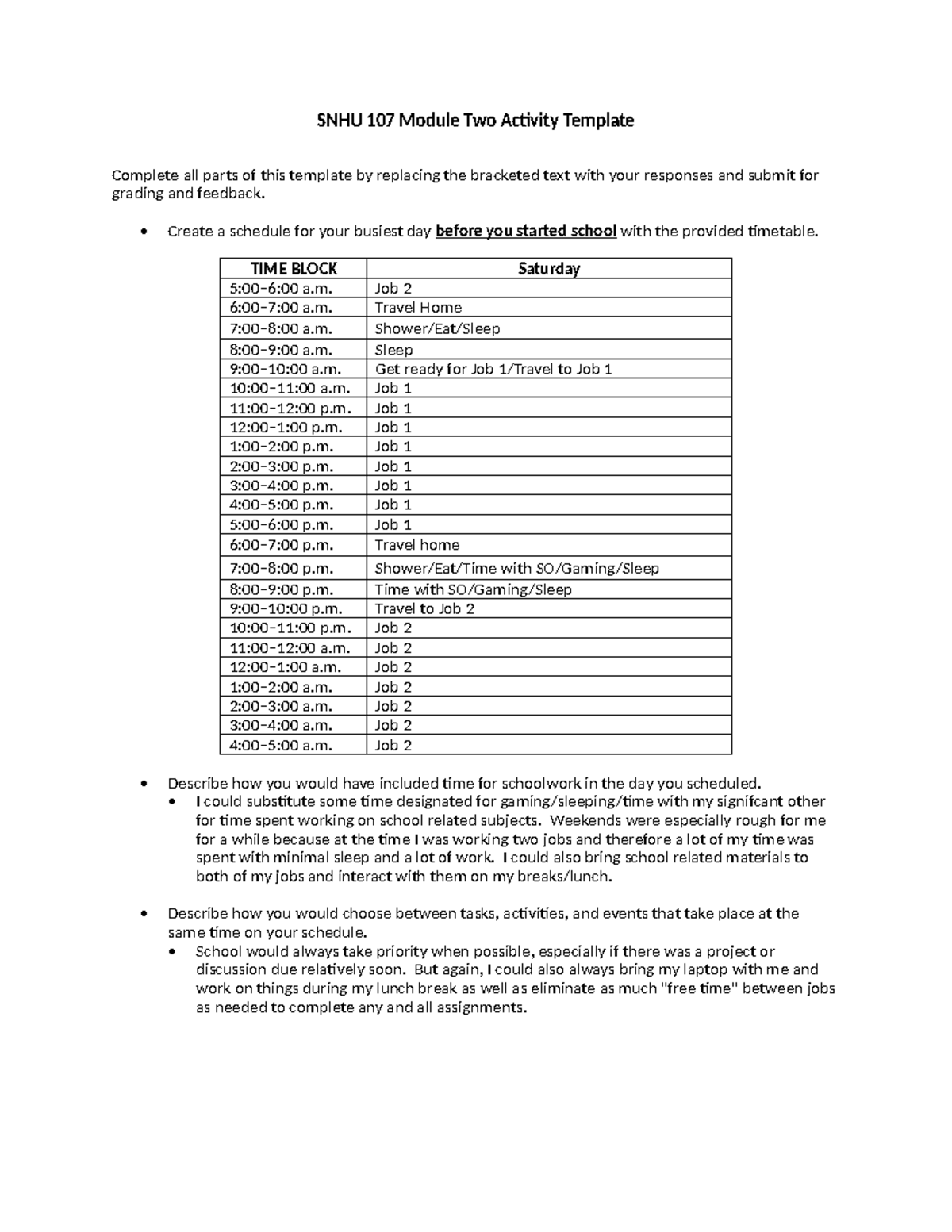 Module Two Schedule - SNHU 107 Module Two Activity Template Complete ...