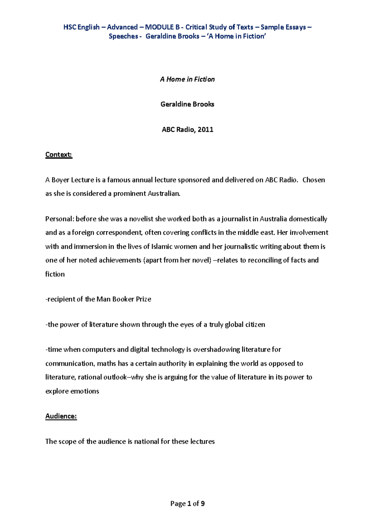 Analysis of Geraldine Brooks' Boyer Lecture: "A Home in Fiction" - Studocu