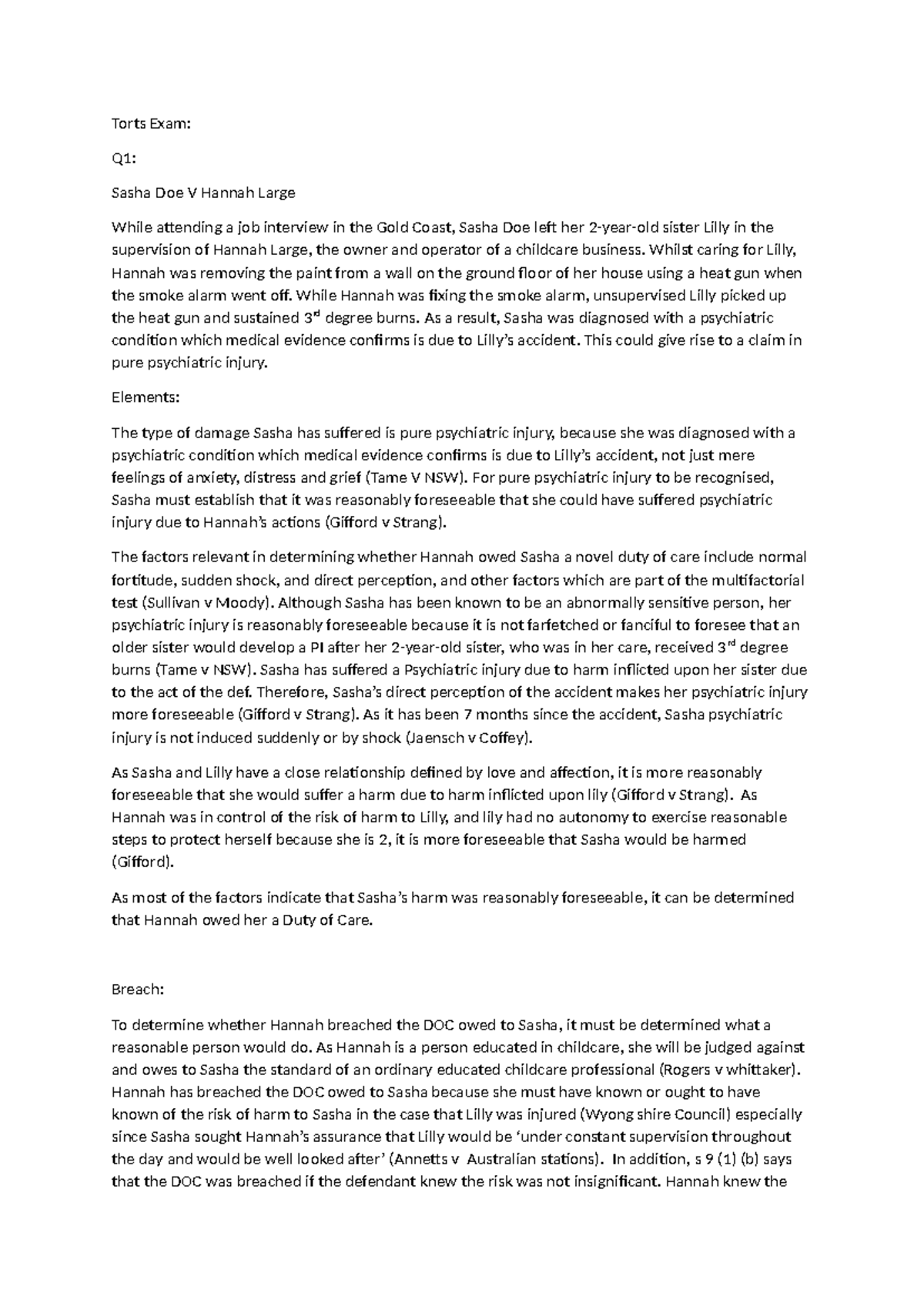 Torts Exam Finished - Torts Exam: Q1: Sasha Doe V Hannah Large While ...