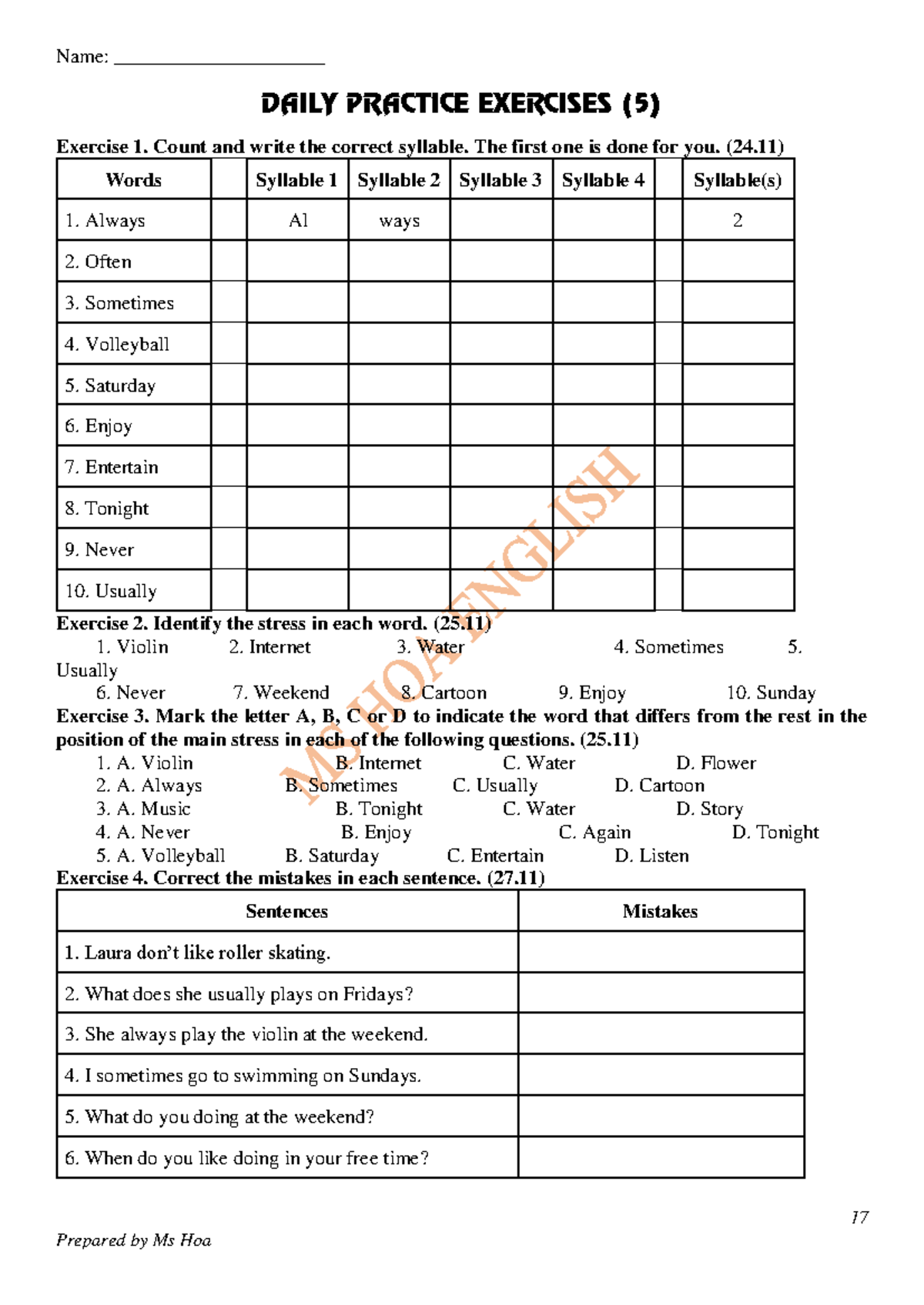 Daily Practice Exercises (5) - Syllable & Stress Tasks - Studocu