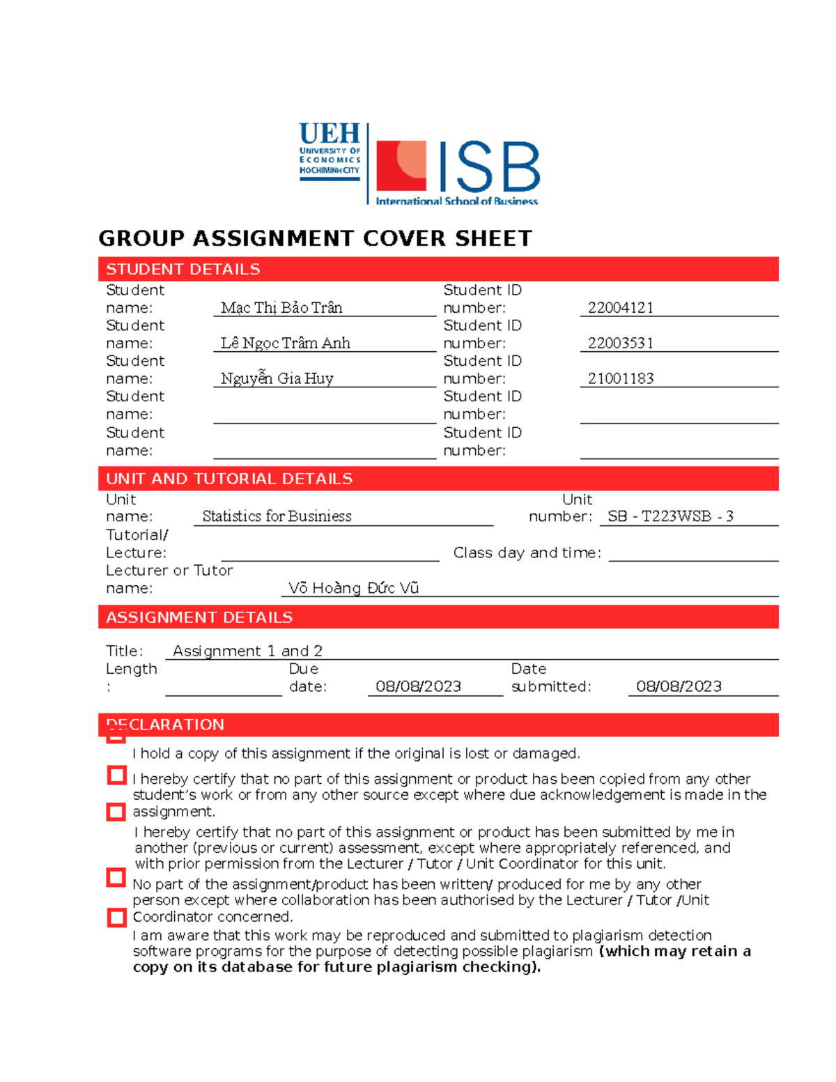 SB-T223WSB-3 Assignment 1 and 2 - GROUP ASSIGNMENT COVER SHEET STUDENT DETAILS Student name: Mạc ...