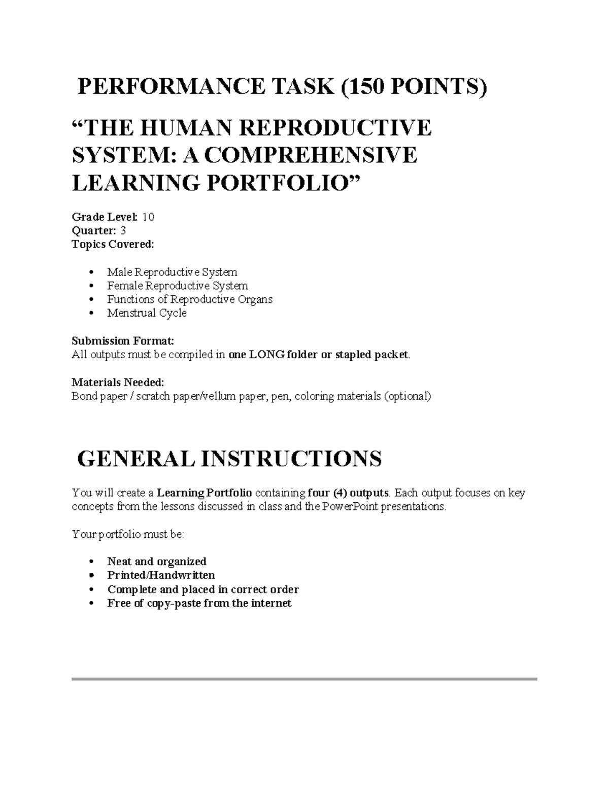 Performance Task 1: Human Reproductive System Q3 Grade 10 Portfolio ...