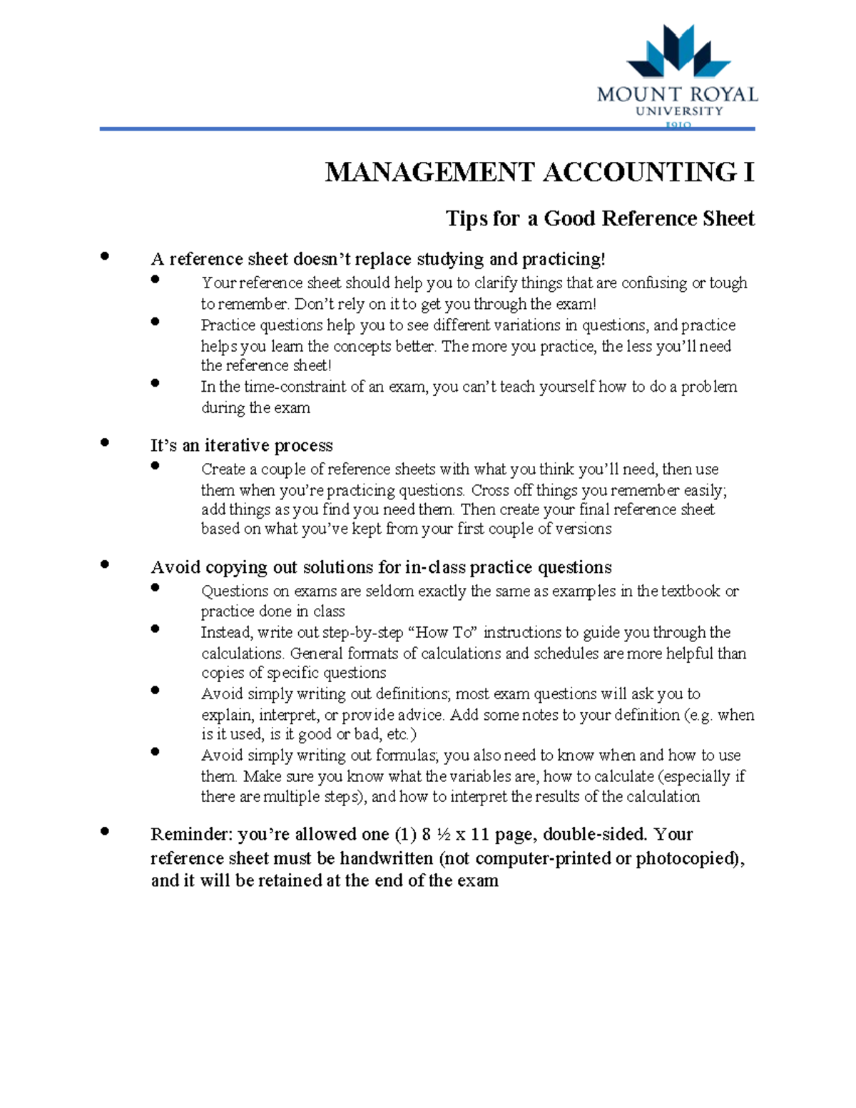 Reference Sheet Tips - MANAGEMENT ACCOUNTING I Tips for a Good ...