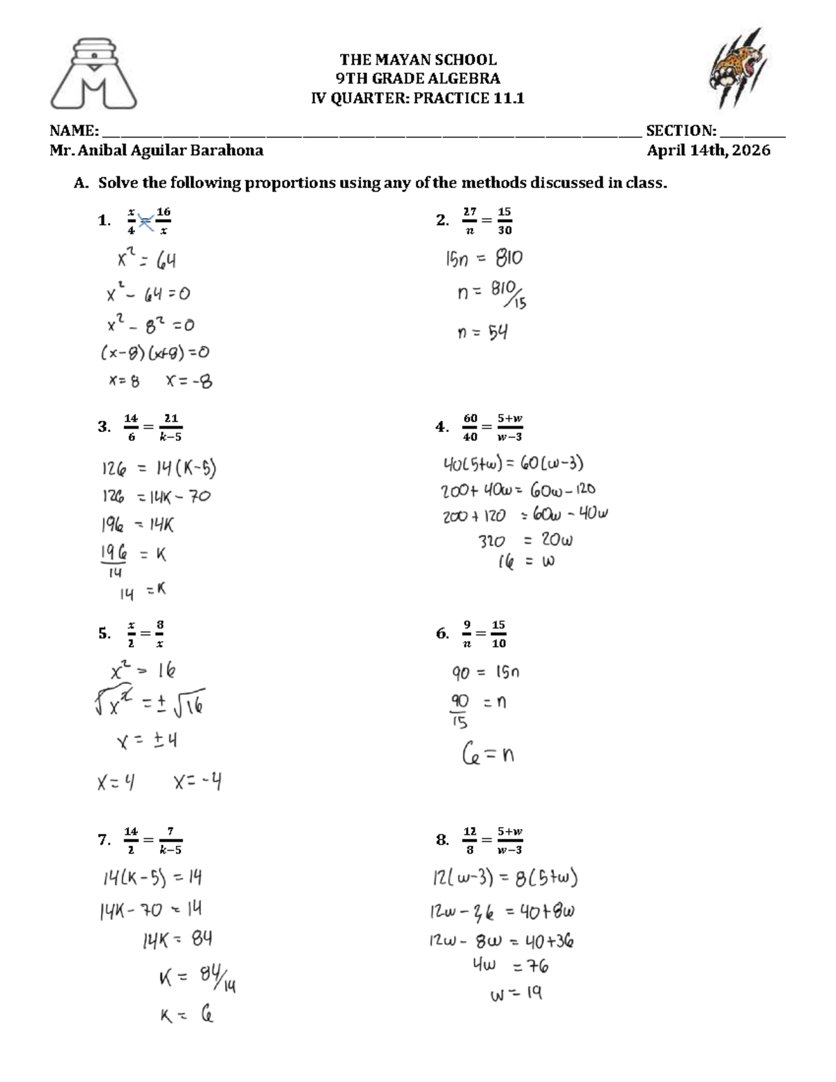 9th Grade Algebra IVQ Practice 11.1 25-26 - THE MAYAN SCHOOL 9TH GRADE ...