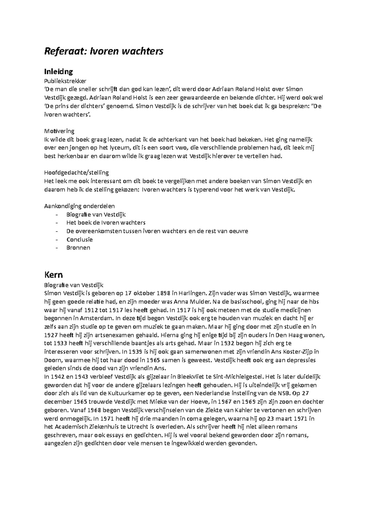 Referaat over 'De Ivoren Wachters' van Simon Vestdijk - Studeersnel