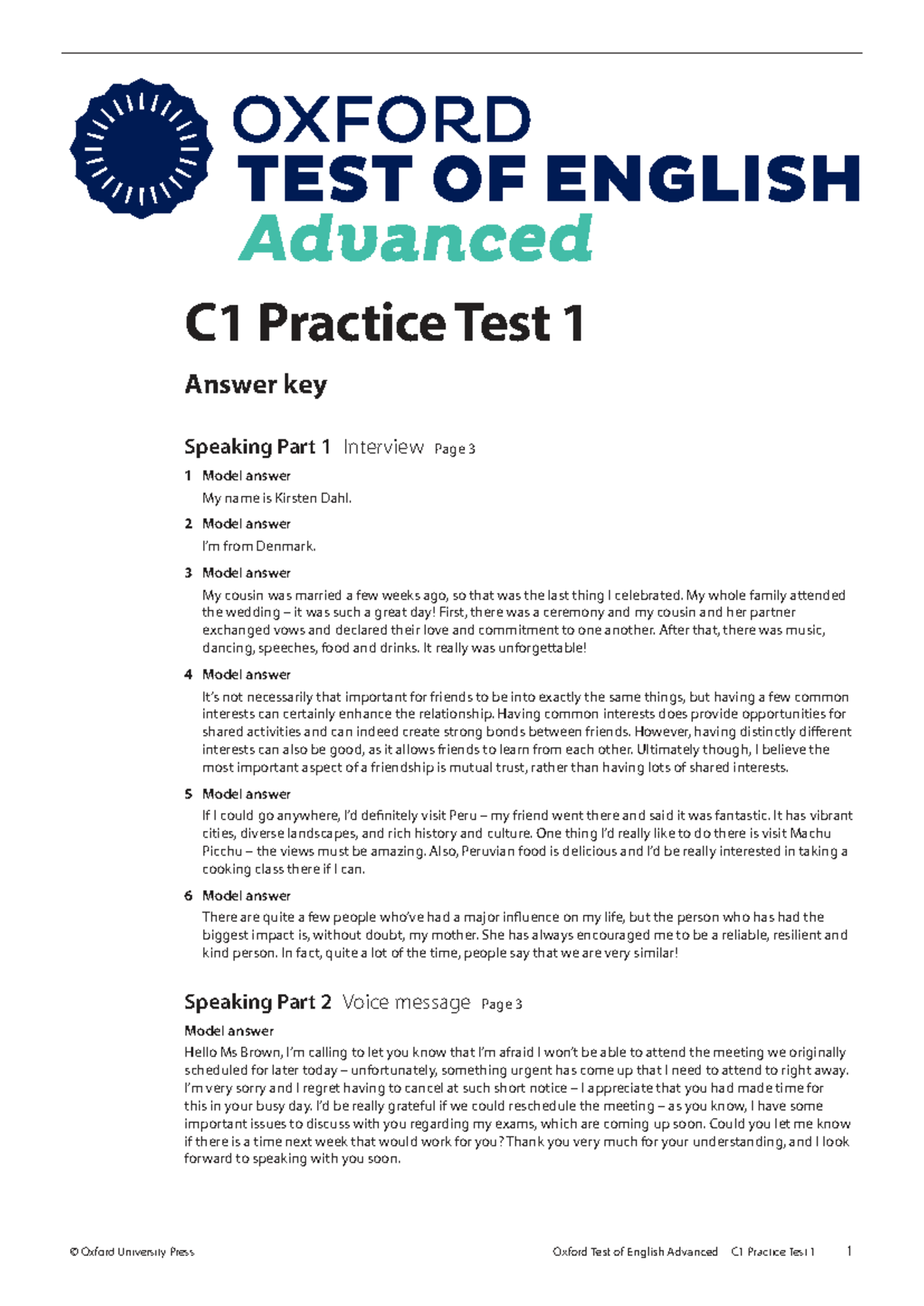 OUP C1 Practice Test 1 Answer Key for Speaking & Listening - Studocu
