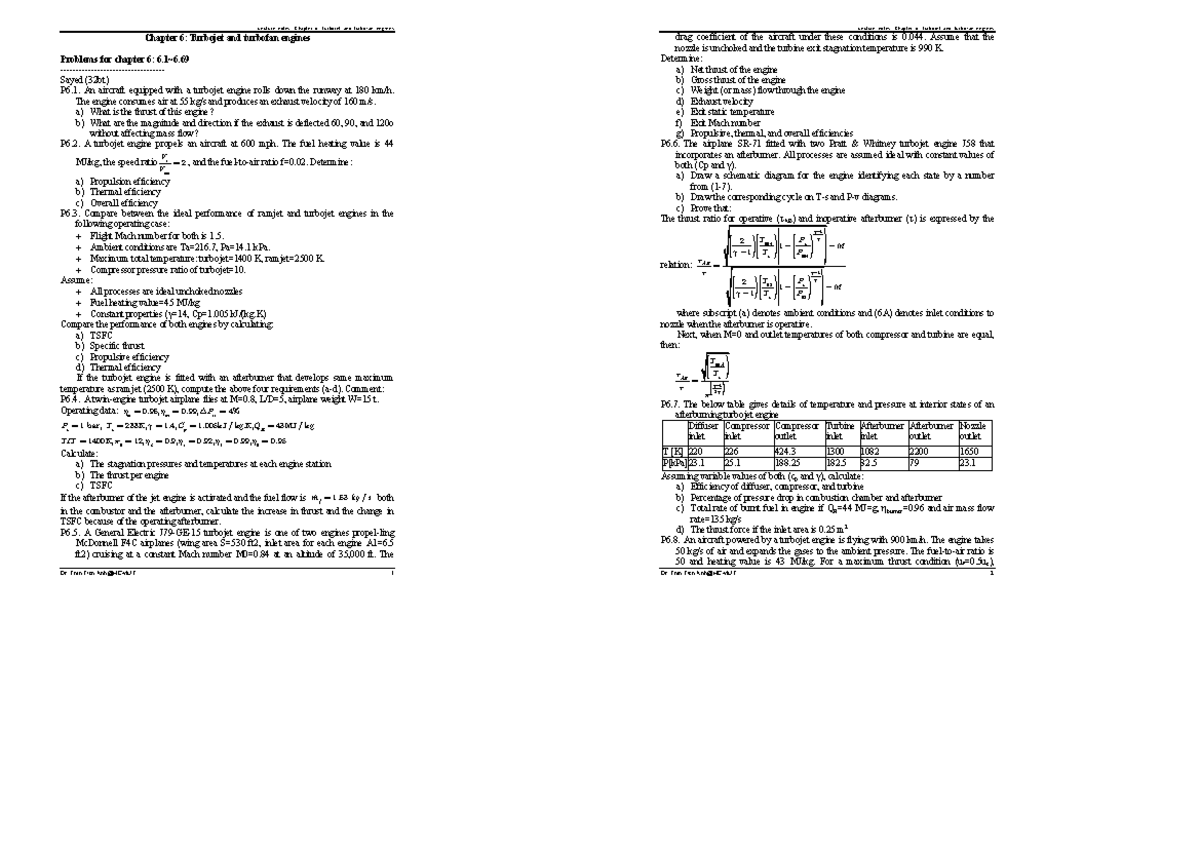 Final Exam Problems for Turbojet and Turbofan Engines (ENG 69) - Studocu