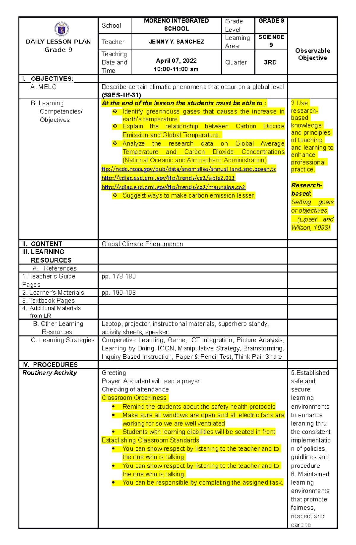 KRA 1 OBJ 2 DLP 2 - yea - DAILY LESSON PLAN Grade 9 School MORENO ...