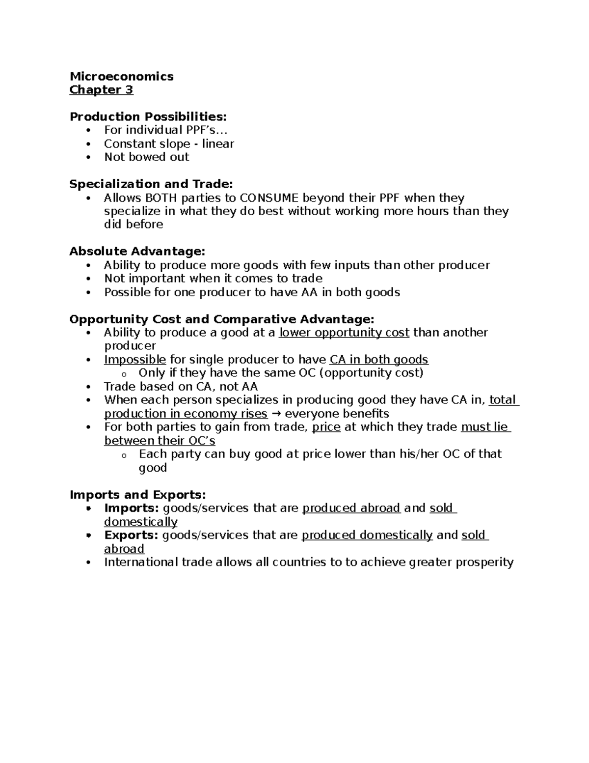 Microeconomics Chapter 3 Notes: Production Possibilities & Trade - Studocu