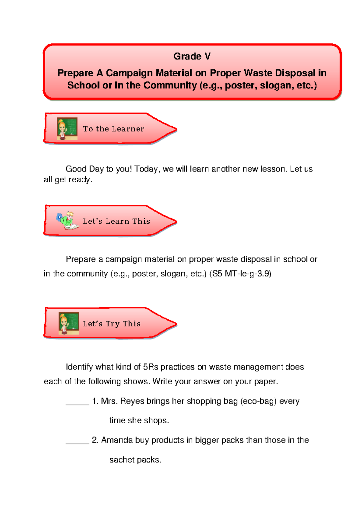 Campaign Material on Proper Waste Disposal in School (S5 MT-le-g-3 ...