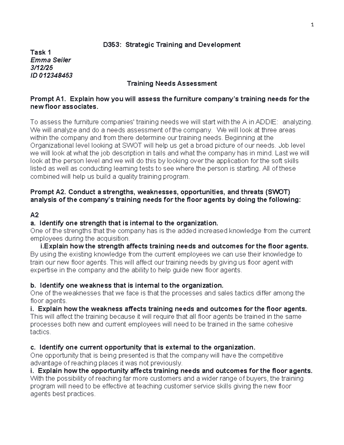 D353 Task 1 - passed - 1 D353: Strategic Training and Development Task ...