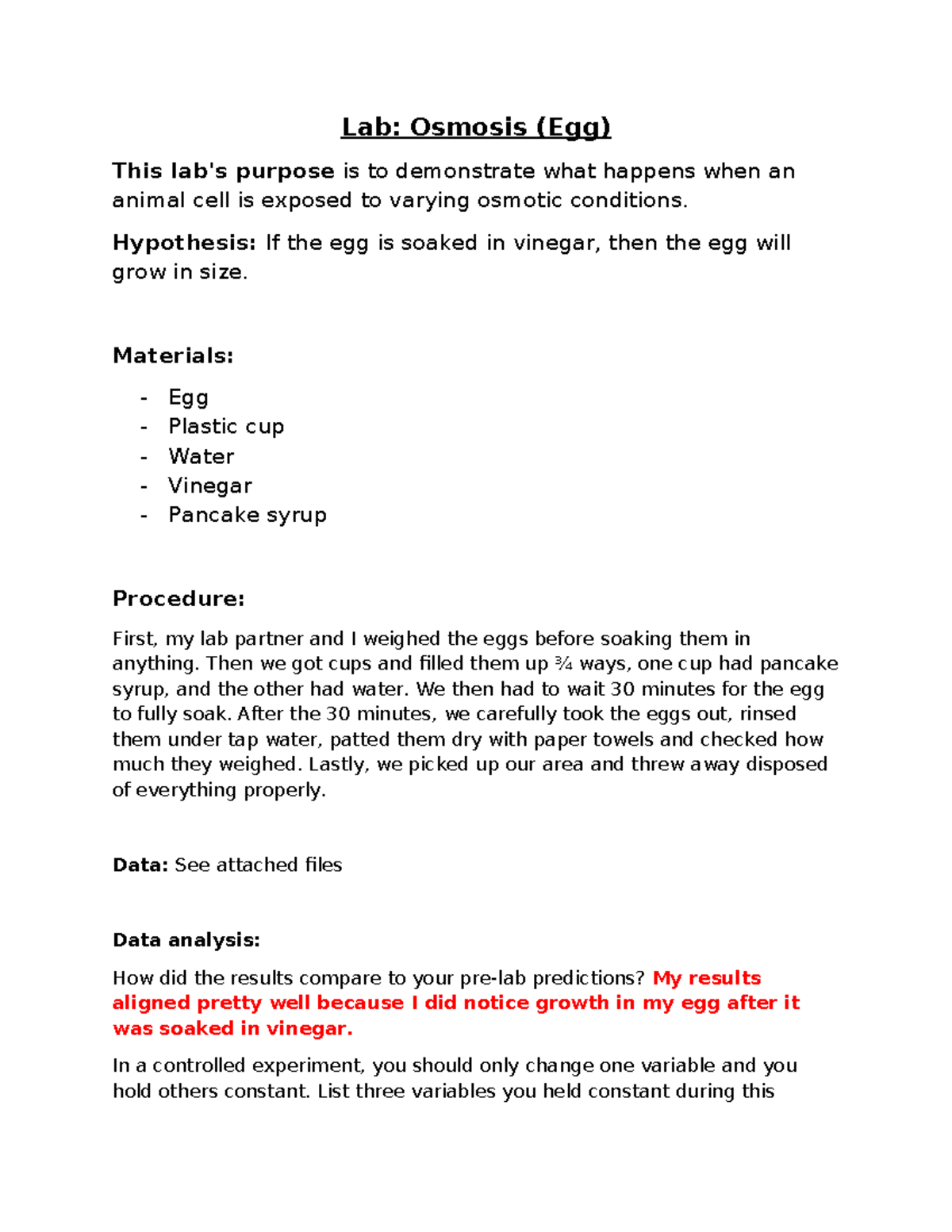 Lab Report: Osmosis Experiment with Egg (Biology 101) - Studocu