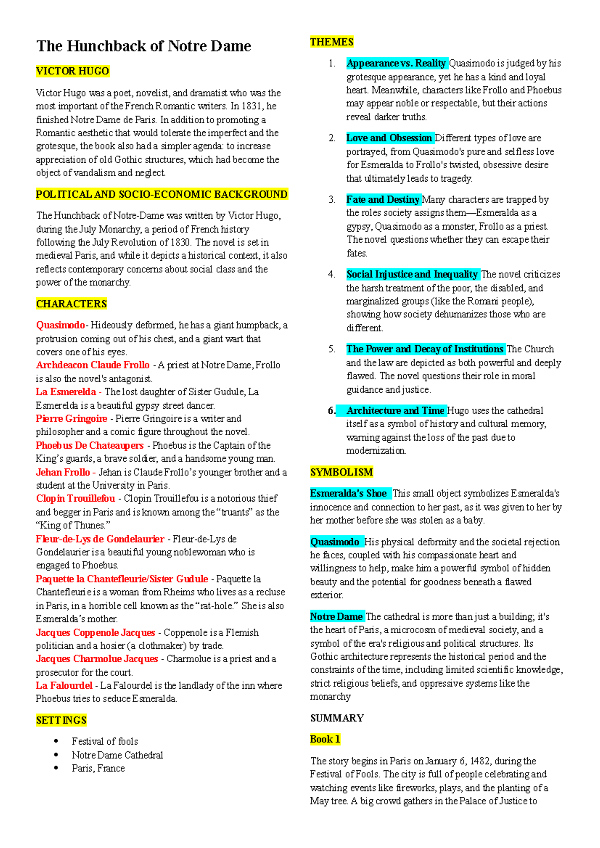 The Hunchback of Notre Dame: Themes, Characters, and Analysis - Studocu