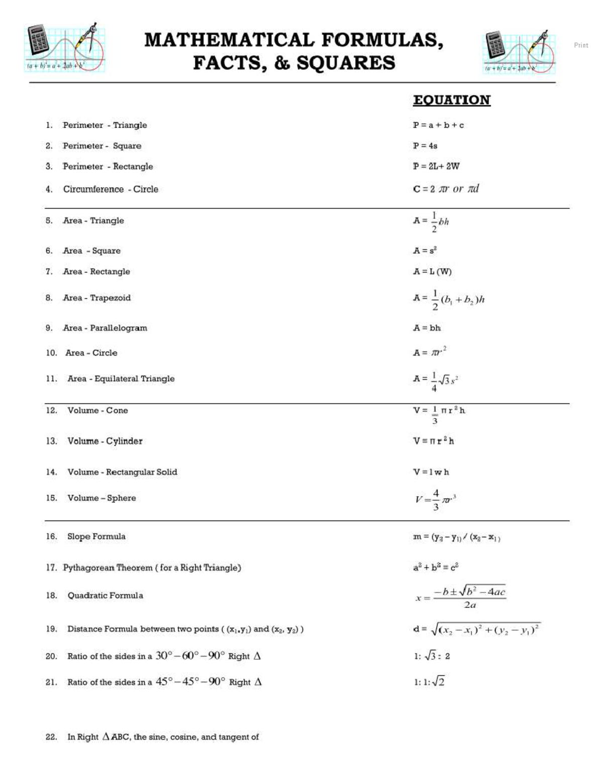 Formulas Schoology - Formula math worksheet. - (c) MATHEMATICAL ...