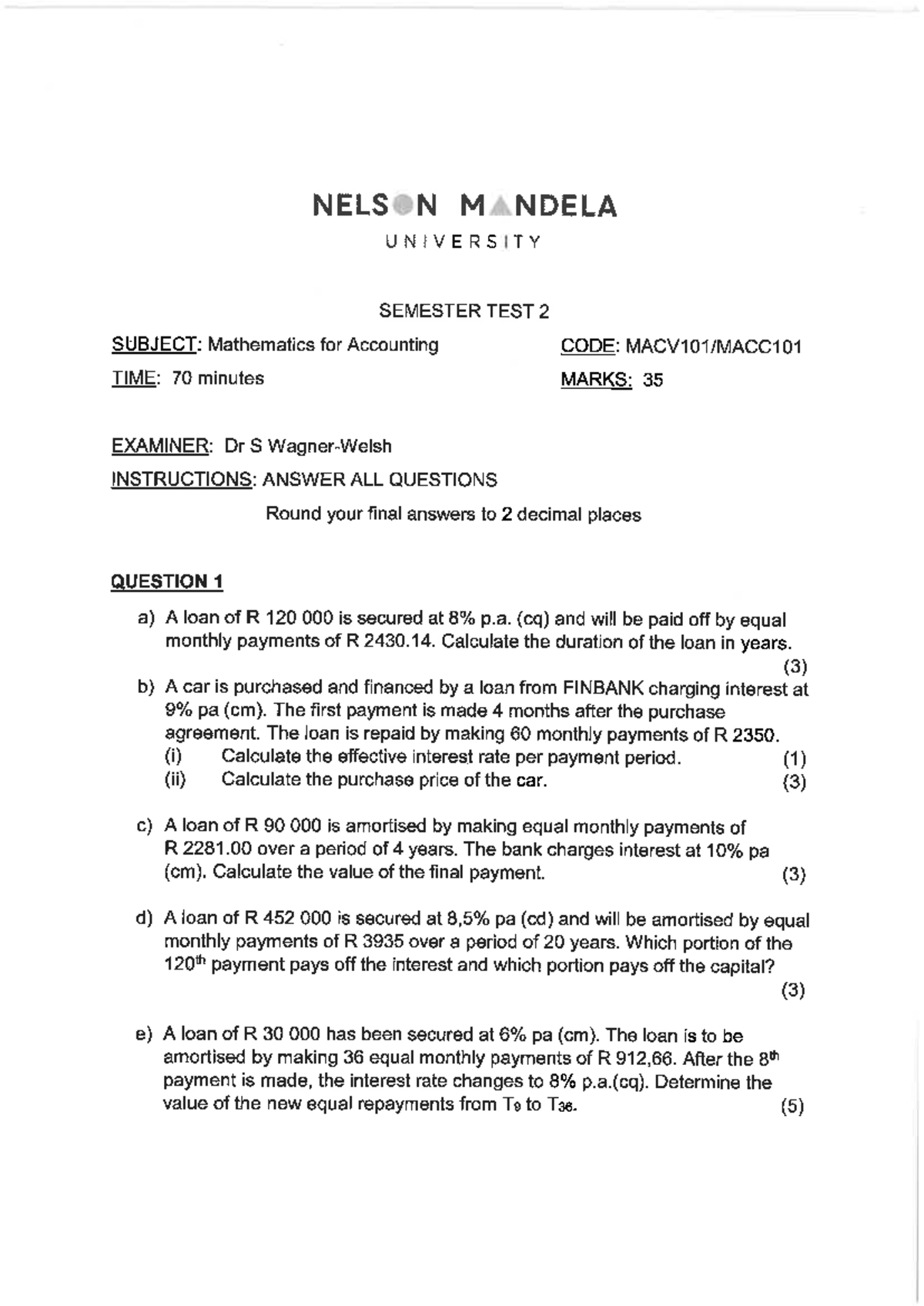 question paper Semester 1 Test 2 and Memo 2019 - MACV101 - Studocu