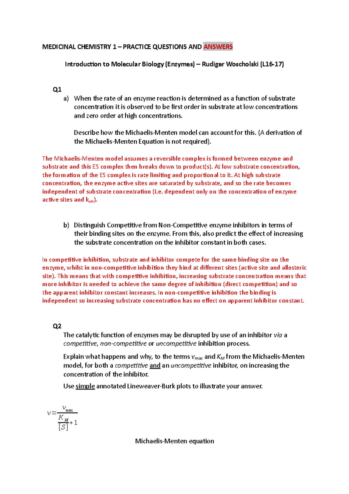 Introduction to Medicinal Chemistry (RW) - Enzymes Practice Questions ...