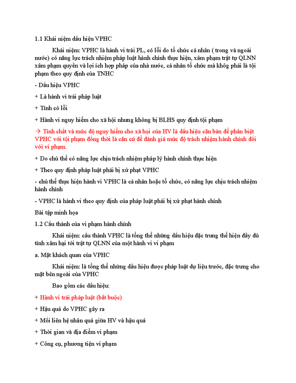 Hành chính - fsaddad - 1 Khái niệm dấu hiệu VPHC Khái niệm: VPHC là hành vi trái PL, có lỗi do ...