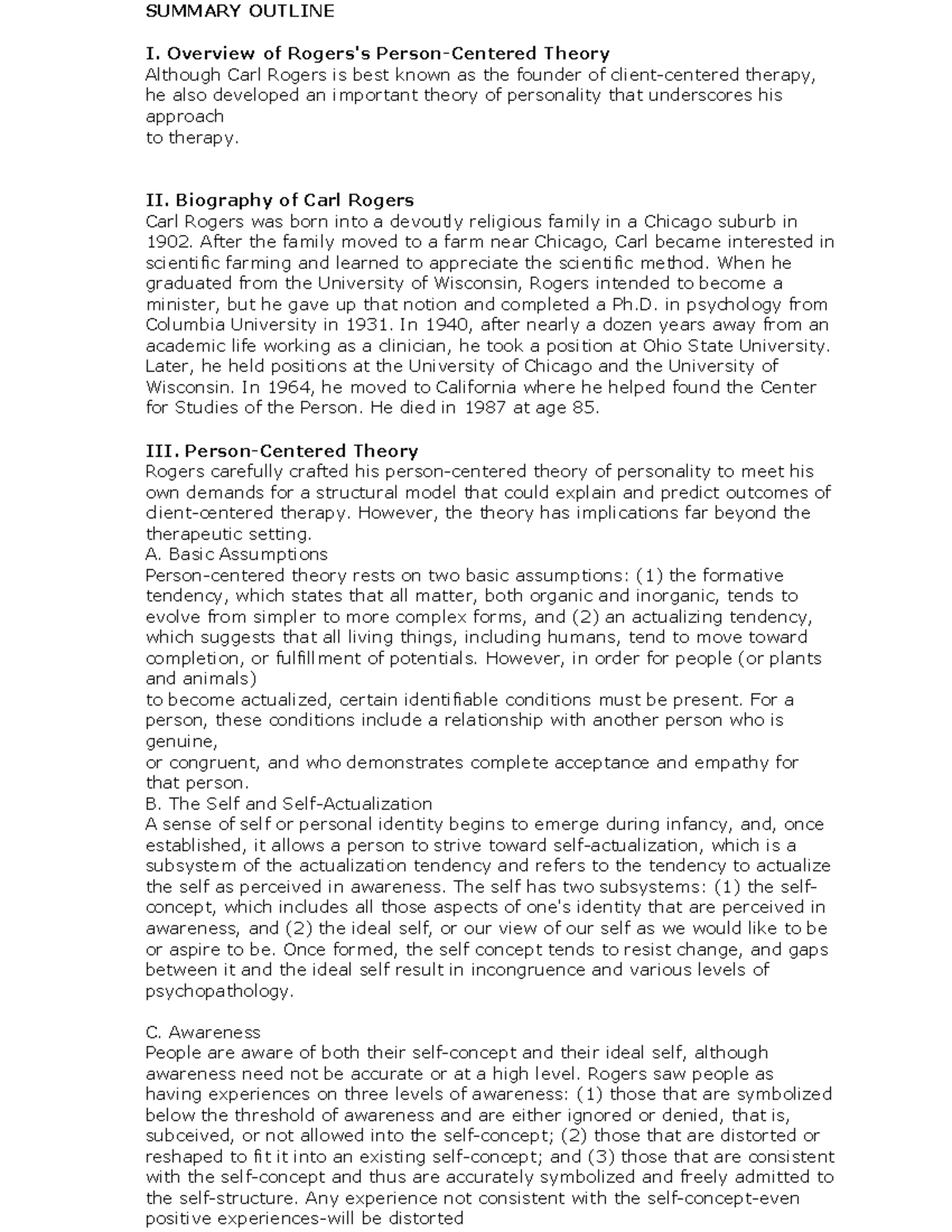 CARL Rogers Summary Outline - SUMMARY OUTLINE I. Overview of Rogers's ...