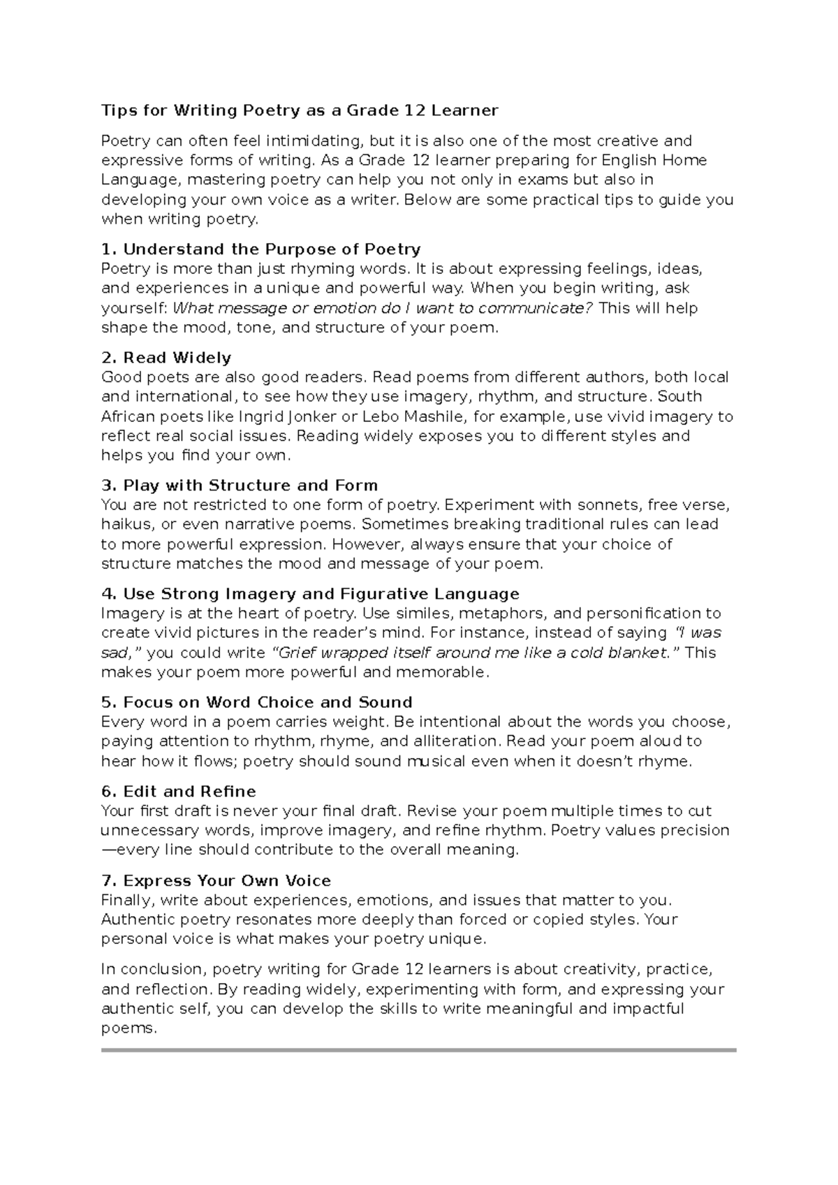Grade 12 English Home Language: Tips for Writing Poetry - Studocu