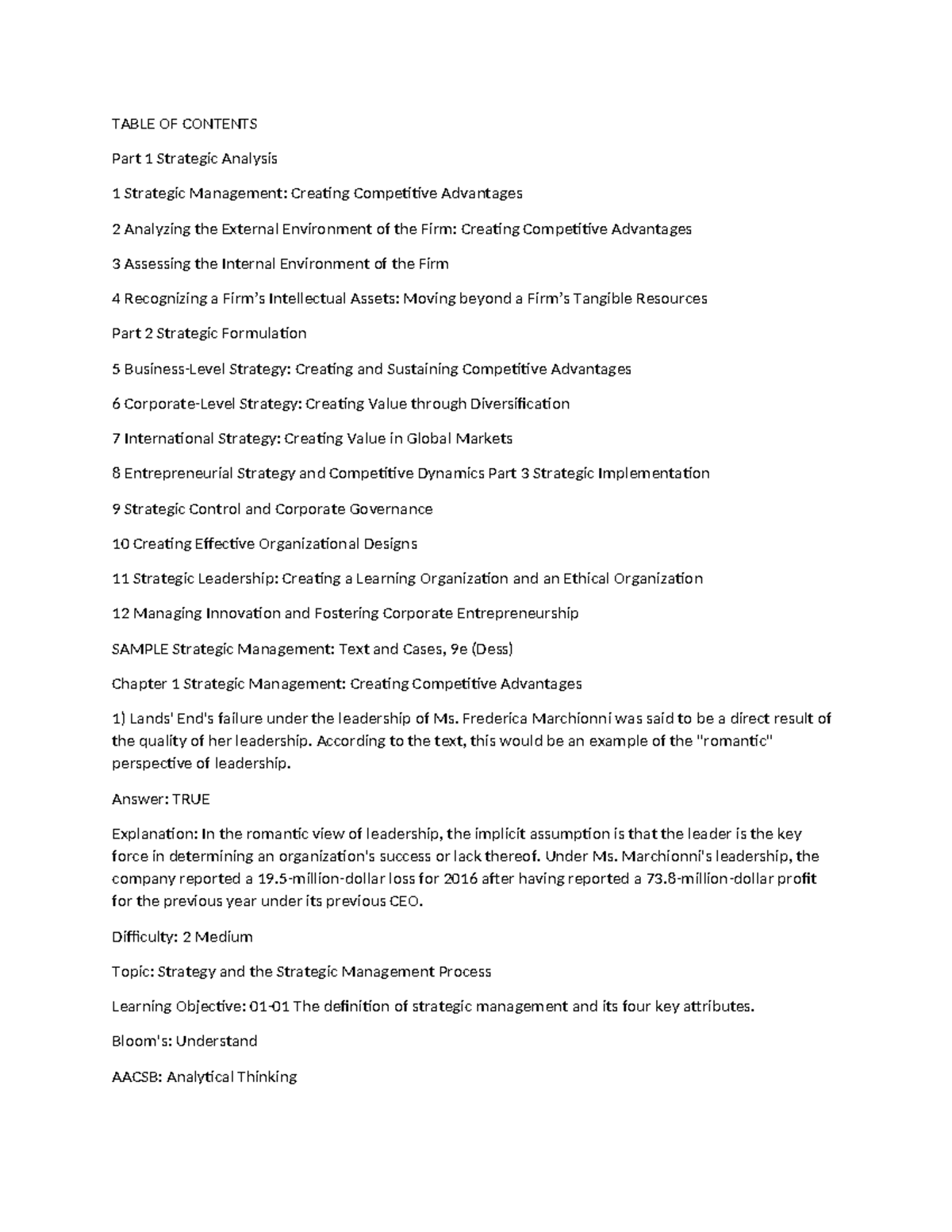 Test Bank - Strategic Management - TABLE OF CONTENTS Part 1 Strategic ...