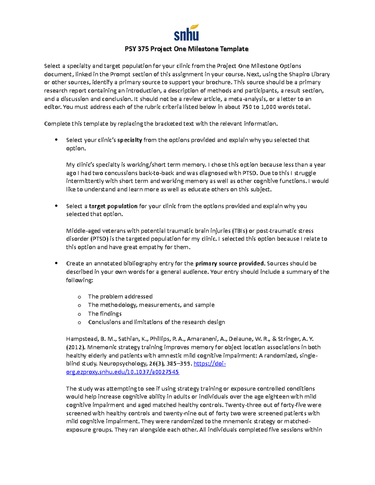 PSY 375 Project One Milestone Template: Memory Intervention Analysis ...