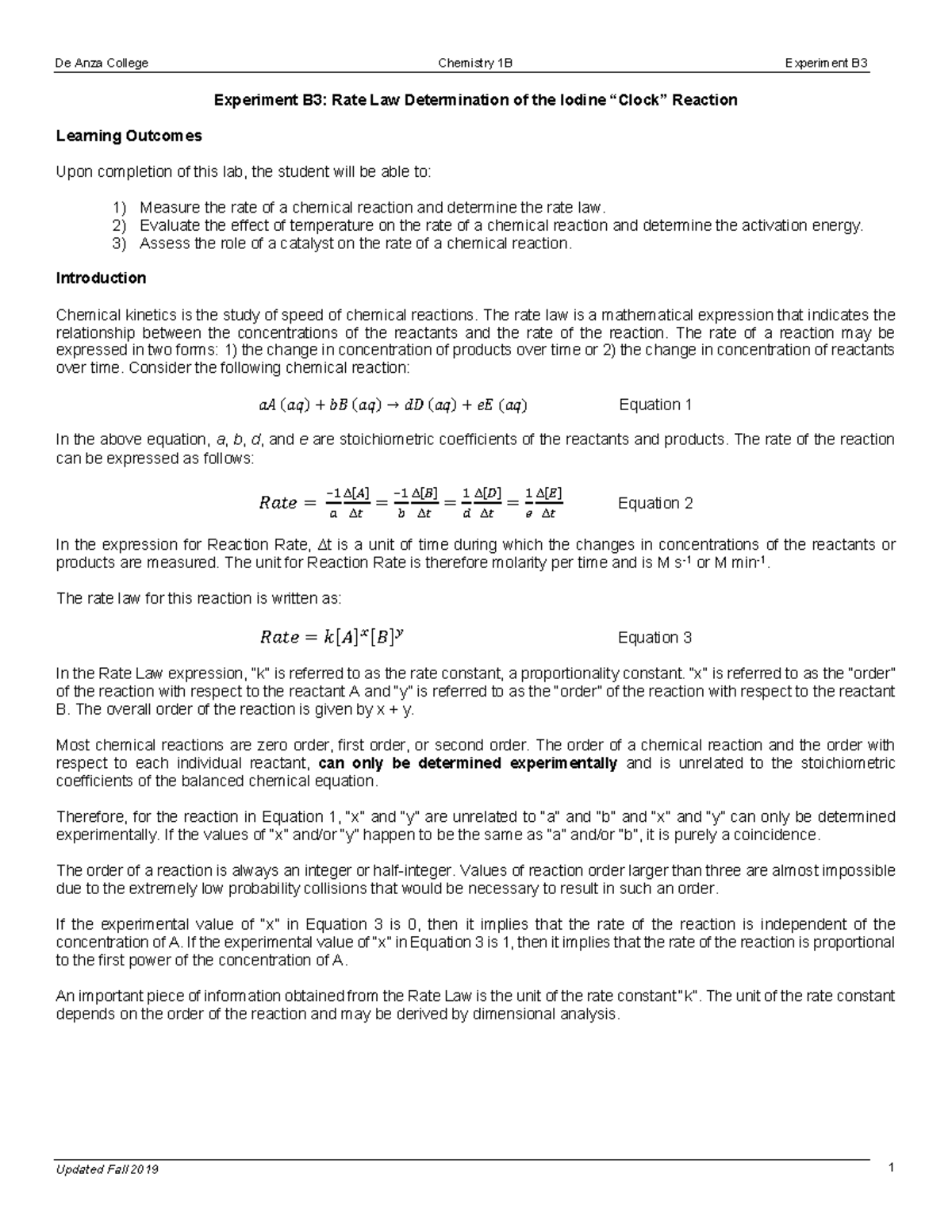 Kinetics Lab (CHEM 101): Determining Rate Law & Effects of Catalysts ...