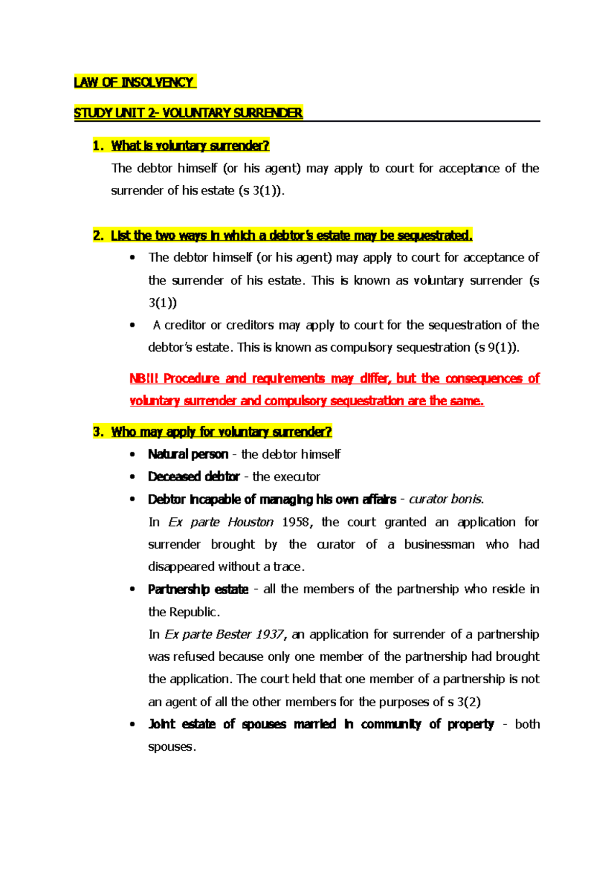 SU 2 Law of Insolvency: Understanding Voluntary Surrender Procedures ...