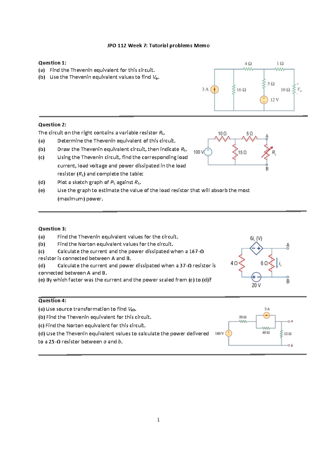 JPO 112 Week 7: Thevenin & Norton Equivalent Circuit Problems - Studocu