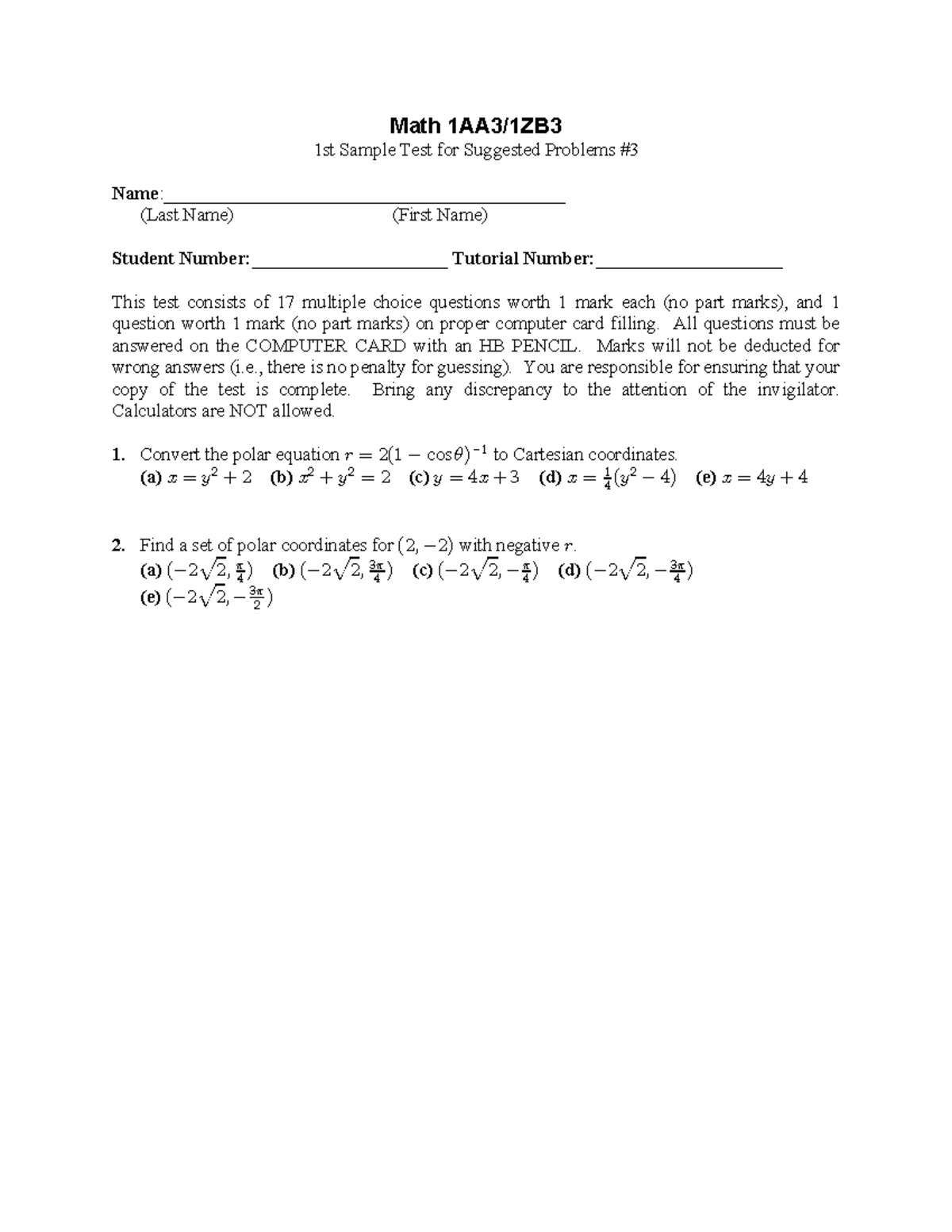Math 1AA3/1ZB Midterm 2 Sample Test with Suggested Problems - Studocu