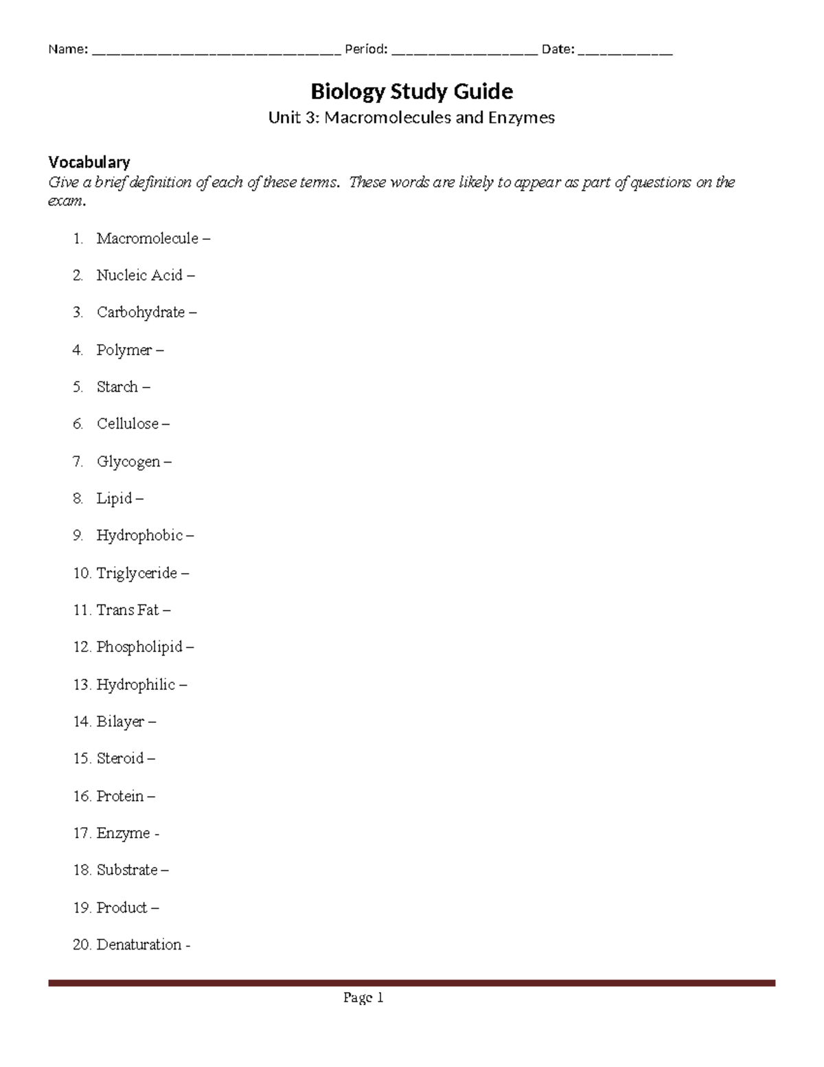 Biology Study Guide: Unit 3 - Macromolecules & Enzymes Vocabulary - Studocu