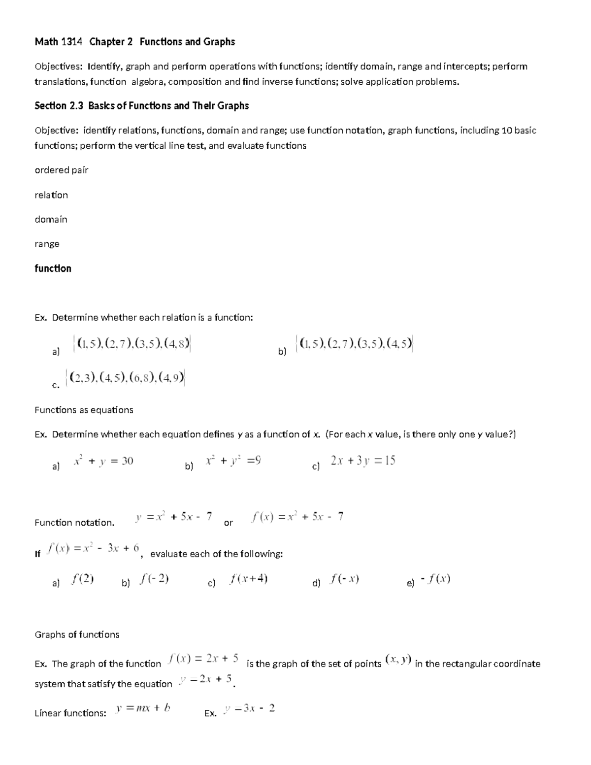 Math 1314 Final Exam Study Guide: Functions & Graphs Overview - Studocu