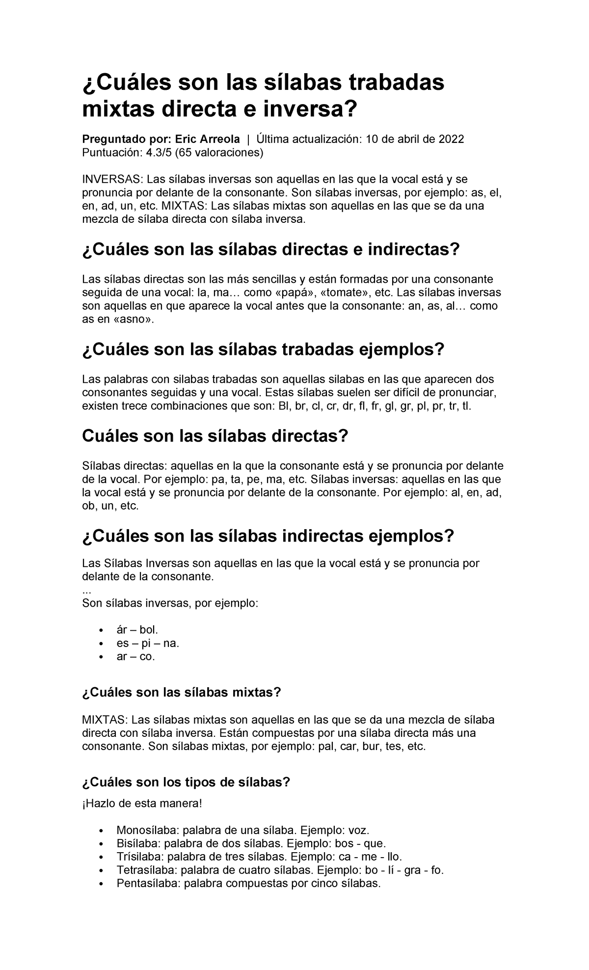 Tipos de sílabas: Directas, Inversas y Mixtas - Studocu