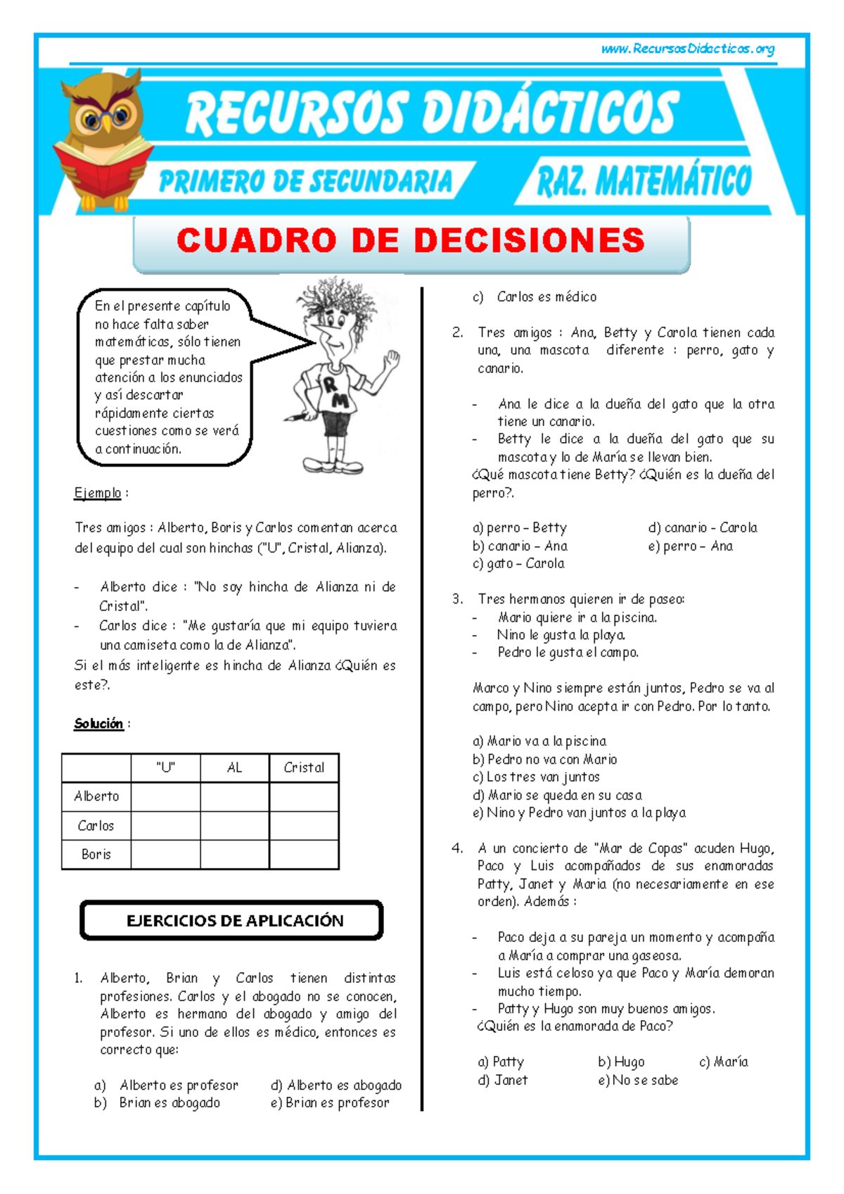 Cuadro de Decisiones: Ejercicios y Soluciones para Secundaria - Studocu