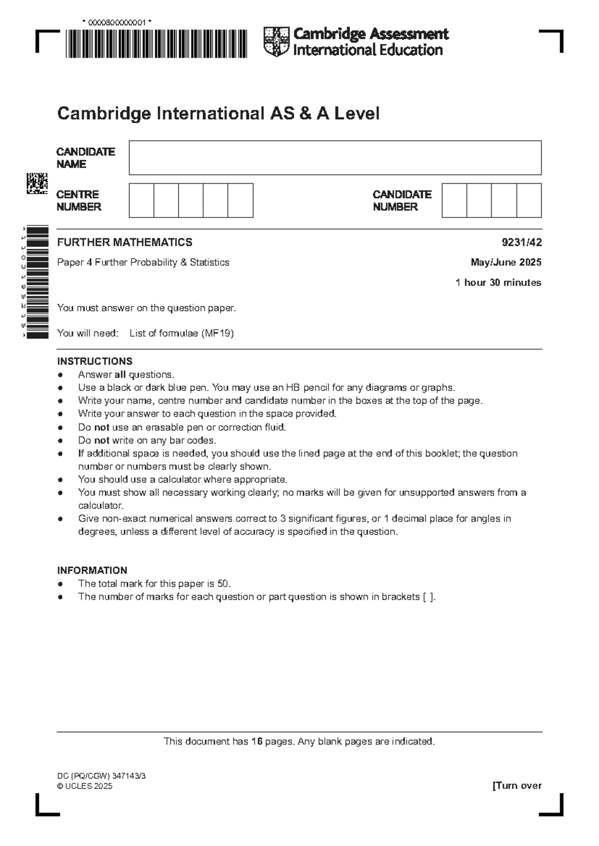 Cambridge International AS A Level 9231/42 Further Mathematics Paper 4 ...