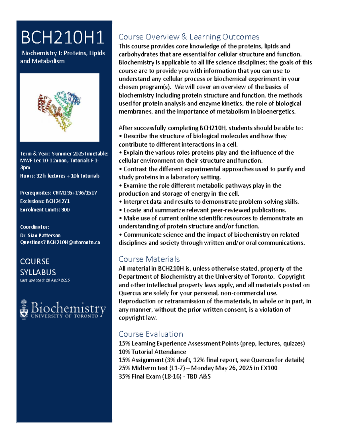 BCH210H1 Biochemistry I: Proteins, Lipids & Metabolism Course Syllabus ...