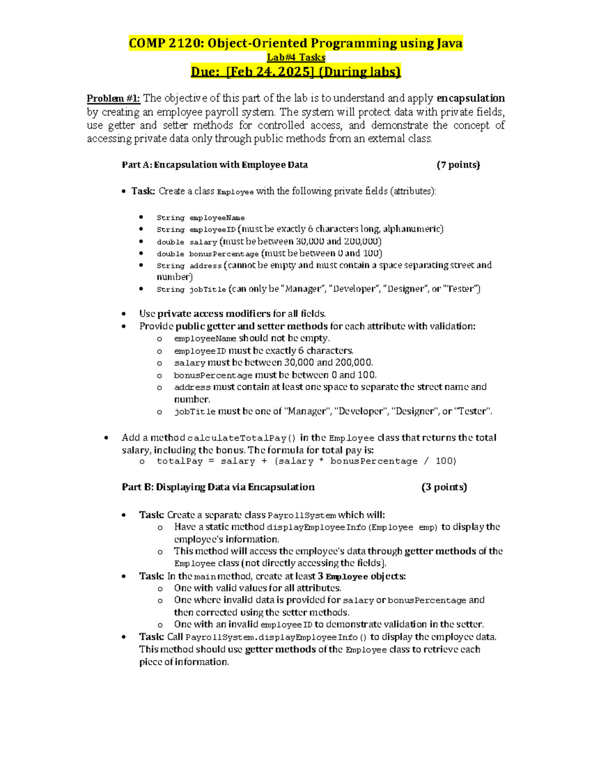 COMP 2120: Lab 5 - Employee Payroll System & Class Hierarchy - Studocu