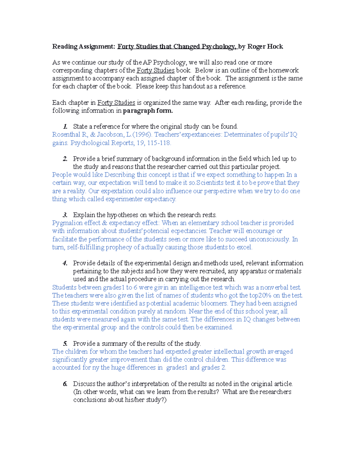 AP Psychology Reading Assignment: 40 Pivotal Studies Summary - Studocu