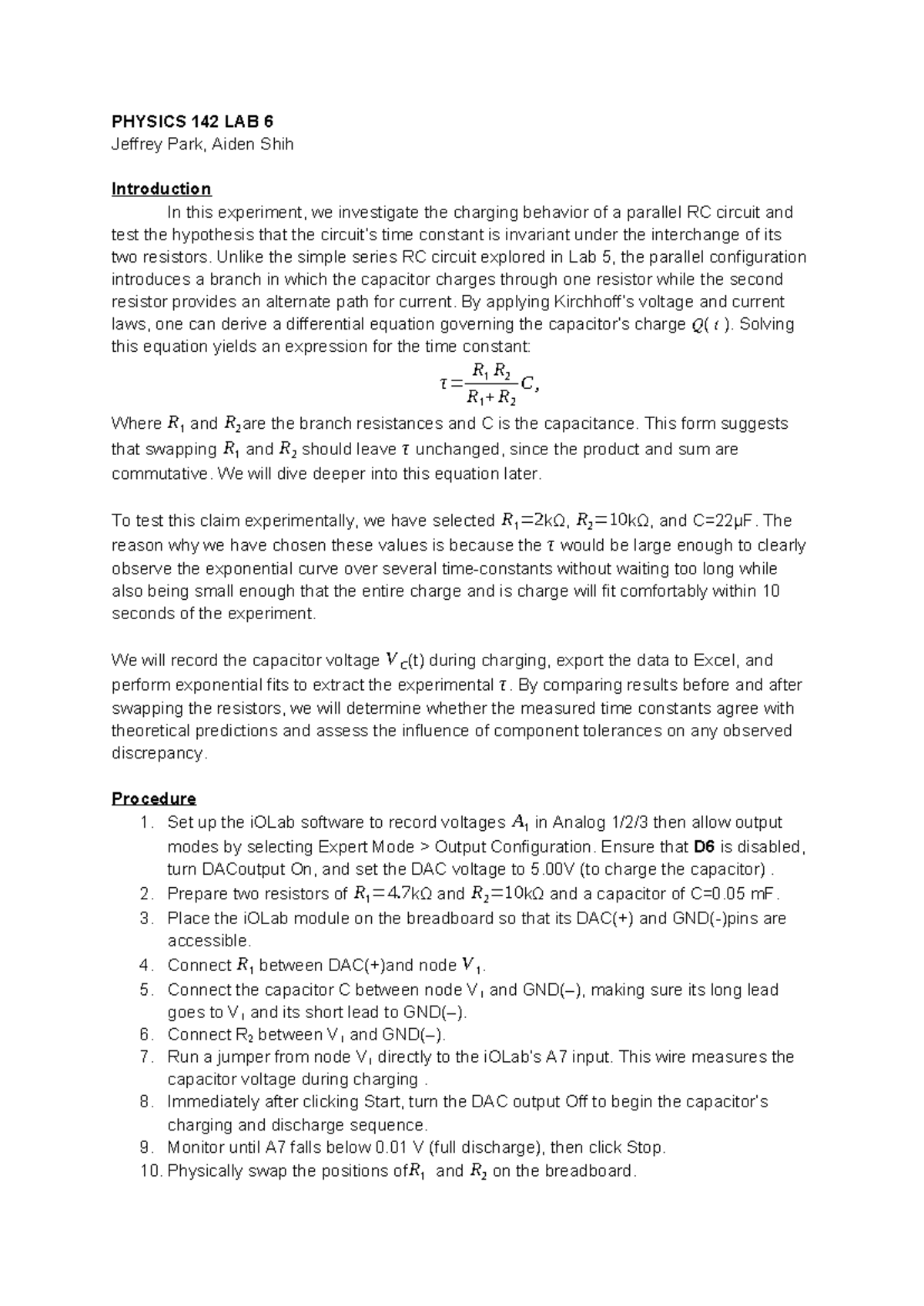 Physics 142 Lab 6: Investigating Time Constant in Parallel RC Circuits ...