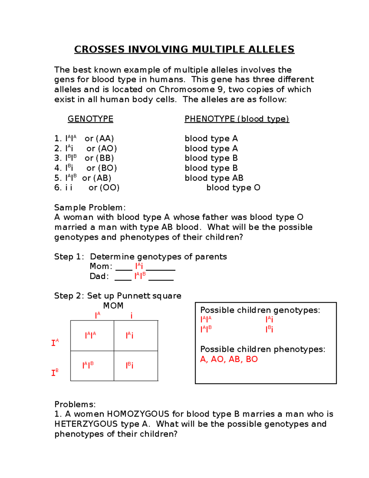 Multiple Alleles in Genetics: Blood Type Crosses (HC) - Studocu