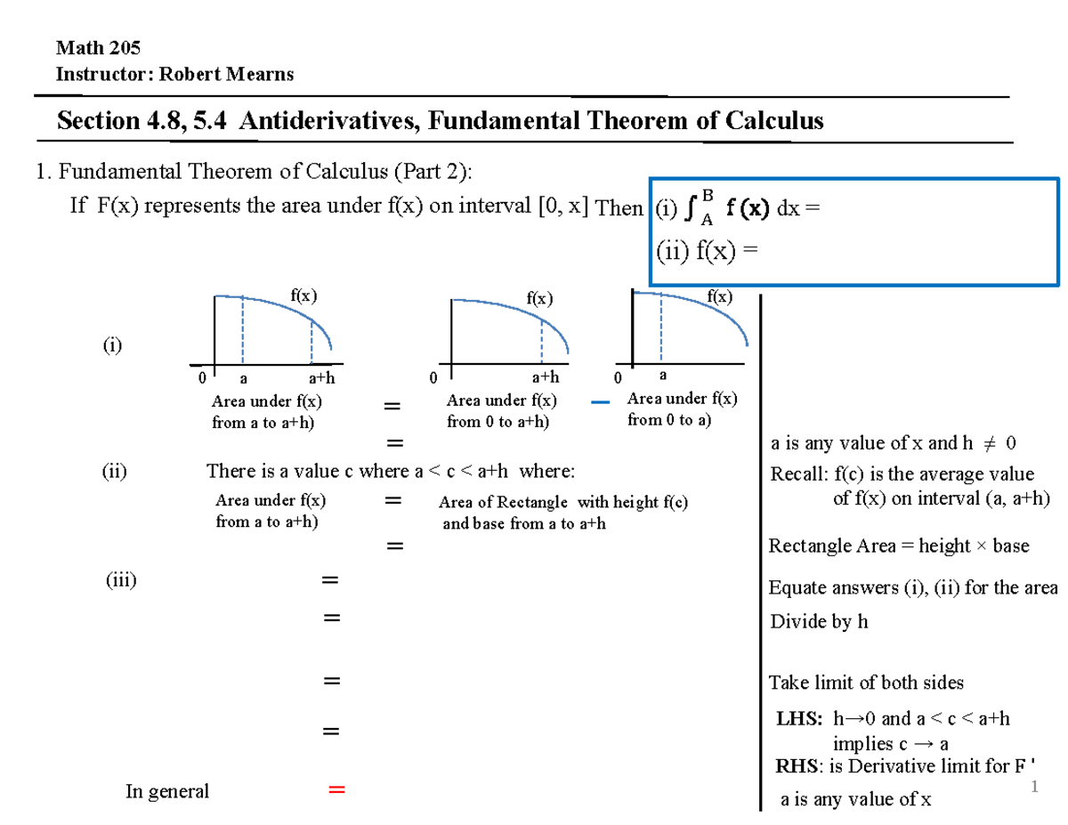 Math 205 Final Exam Notes: Antiderivatives & FTC (Sec 4.8, 5.4) - Studocu